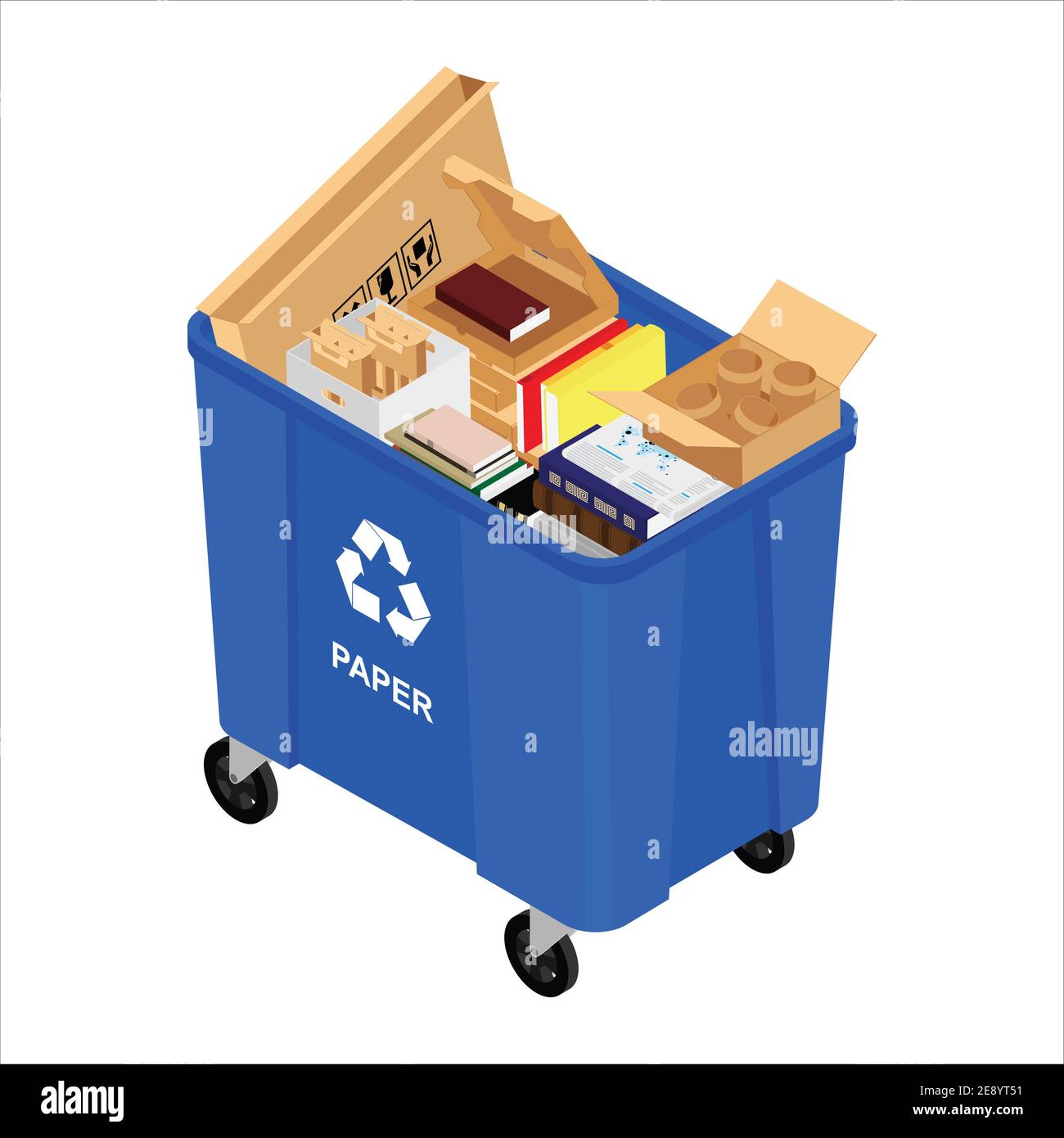 Blue can with sorted paper garbage vector icon. Recycling garbage ...
