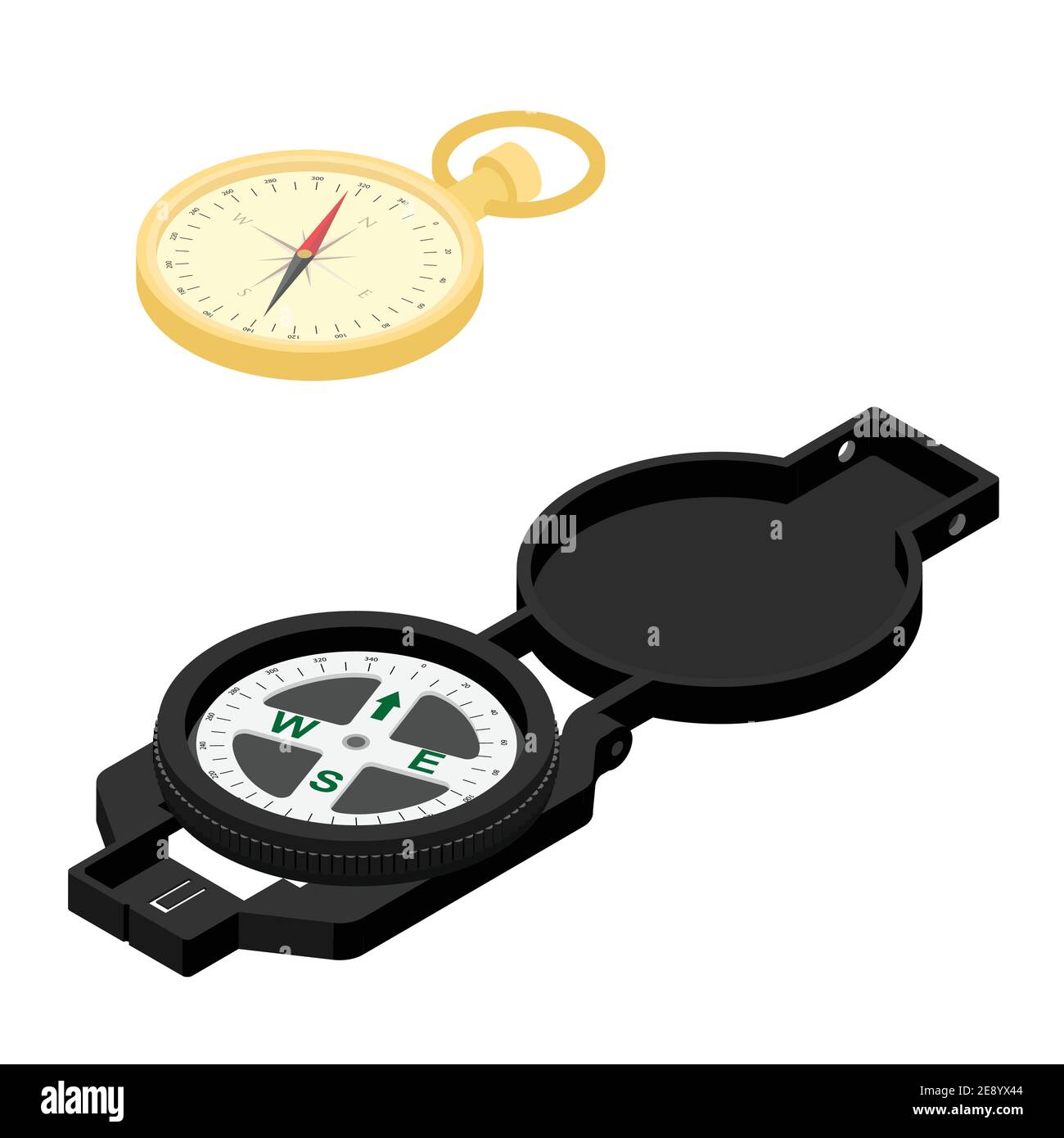 Classic vintage round compass and new modern compass isolated on white ...