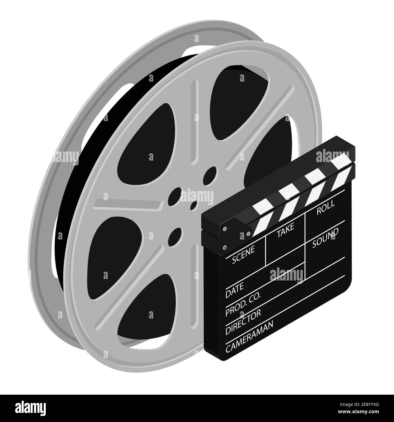 Film cinema reel and clapper board isolated on white background. Vector ...