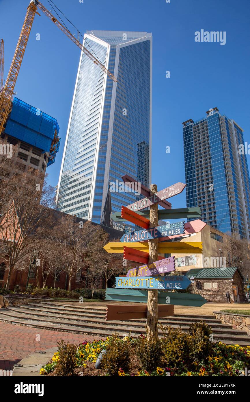 A vertical view of downtown office buildings and new construction in ...