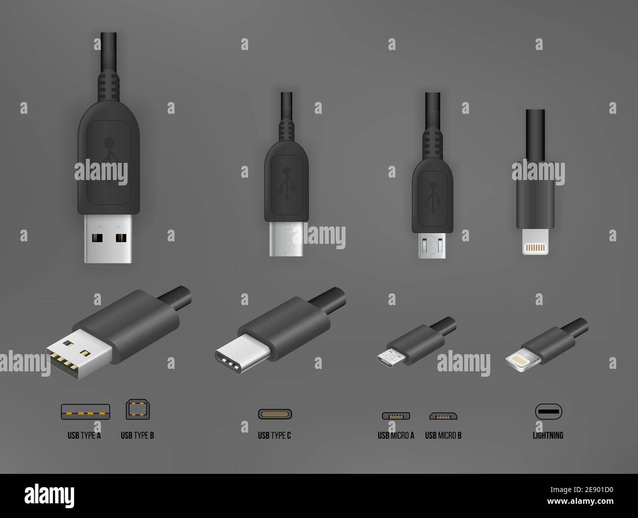 Top and perspective 3D view USB type A, B and type C plugs, micro ...