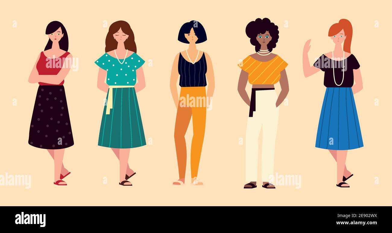 diverse group women female characters standing vector illustration ...