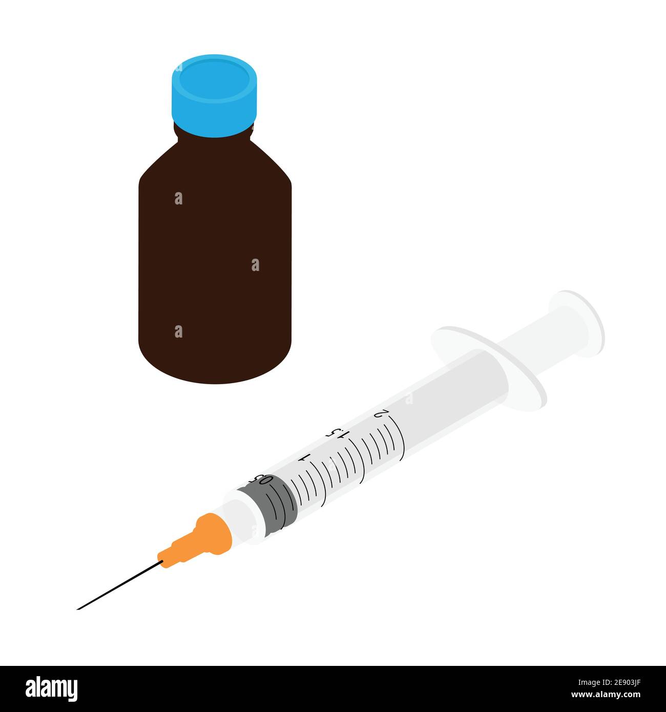 Syringe and brown vaccine bottle with blue screw cap. For medicine ...