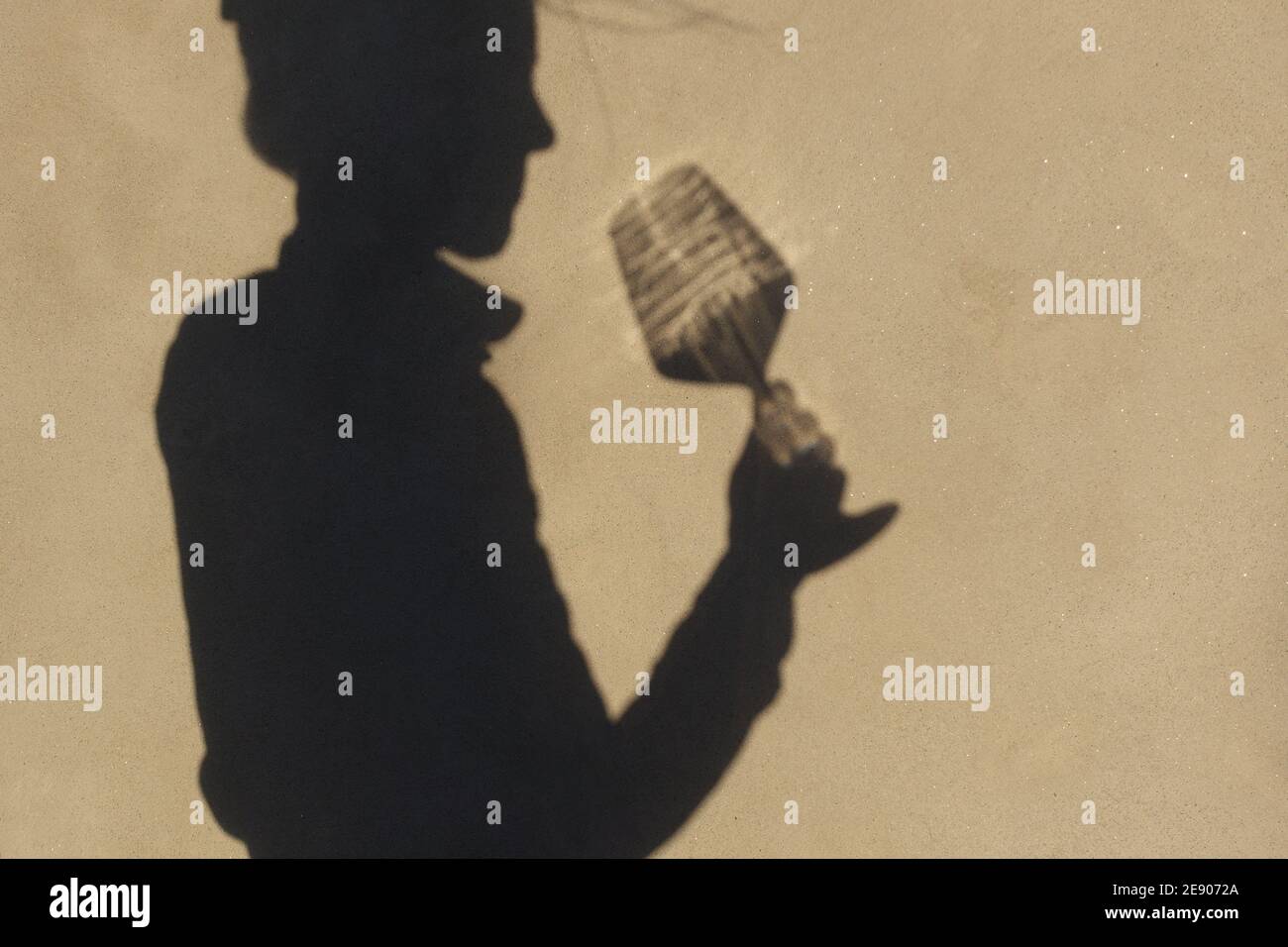Shadow on the wall of a female sommelier alone with a glass of wine ...