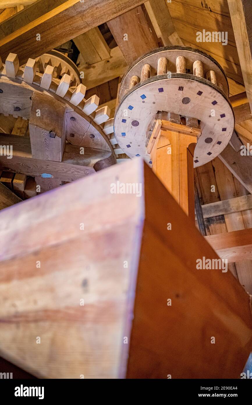 Radars and rotating parts of a traditional wooden windmill for grinding ...