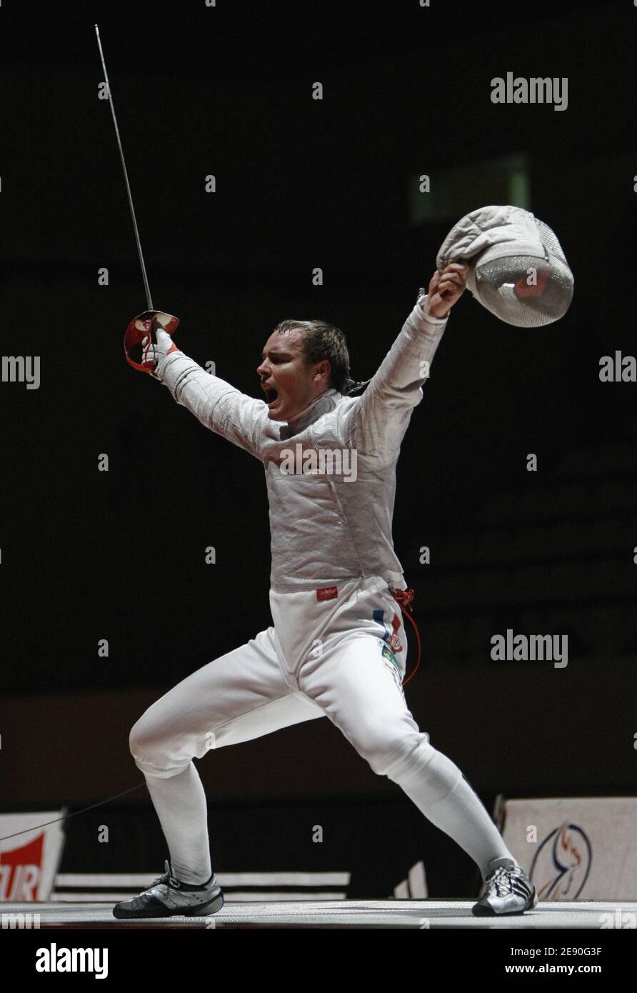 France's Vincent Anstett celebrates at the Fencing French Championship ...