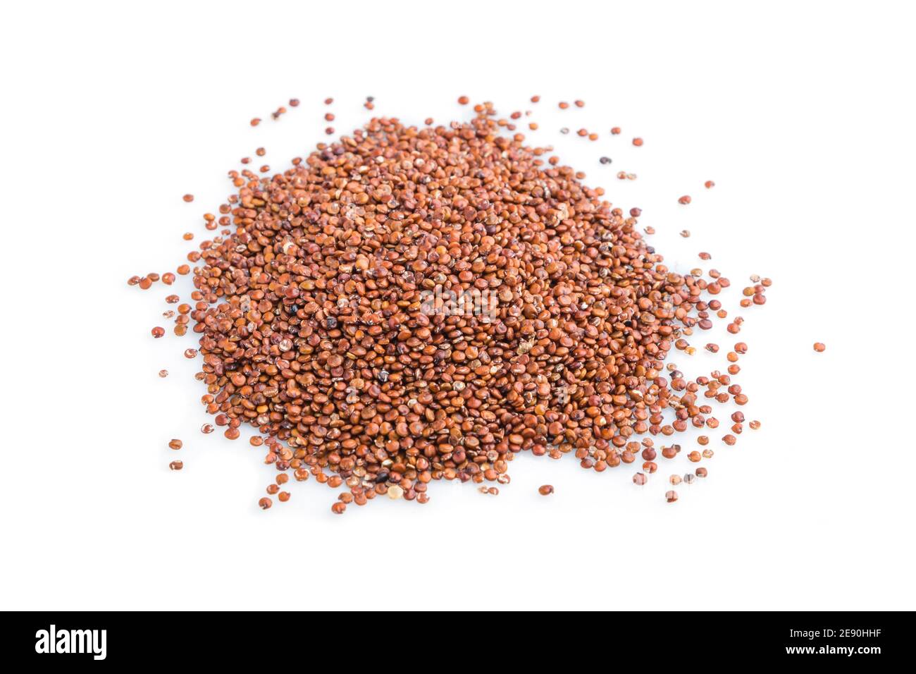 Pile of raw red quinoa isolated on white background. Side view, close ...