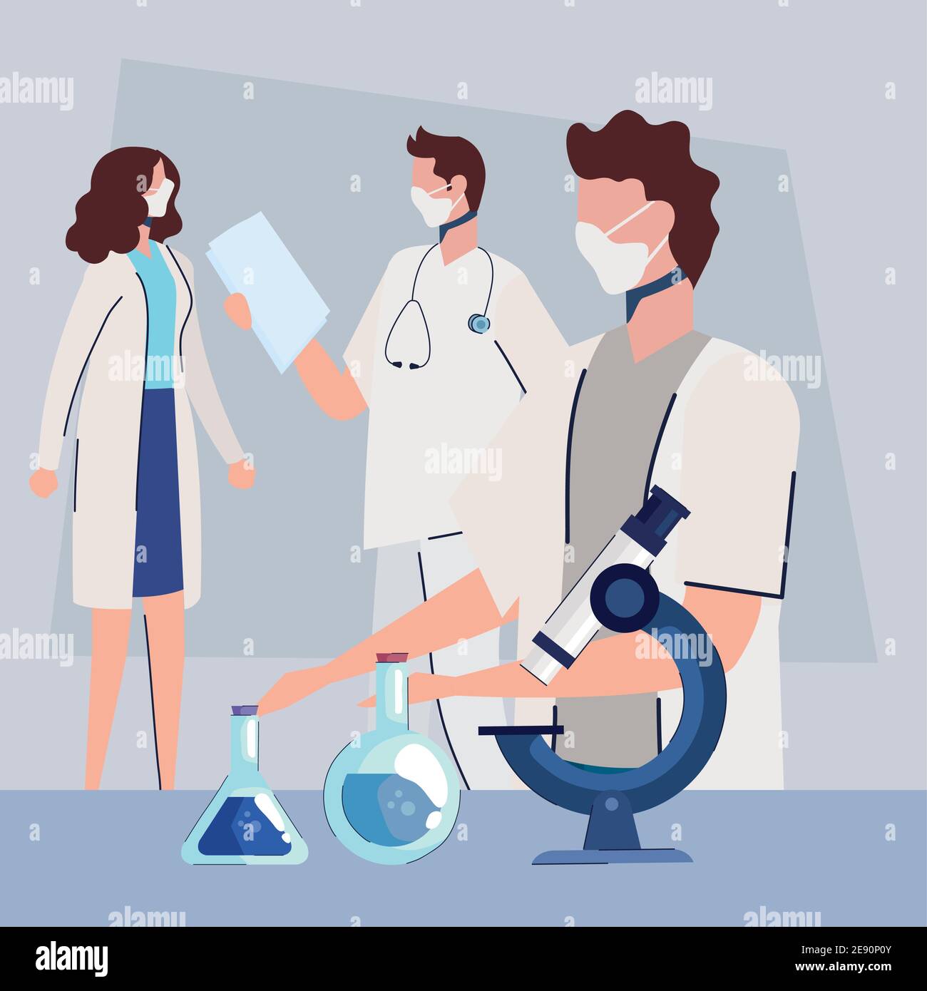 doctors staff wearing medical masks and laboratory icons Stock Vector ...