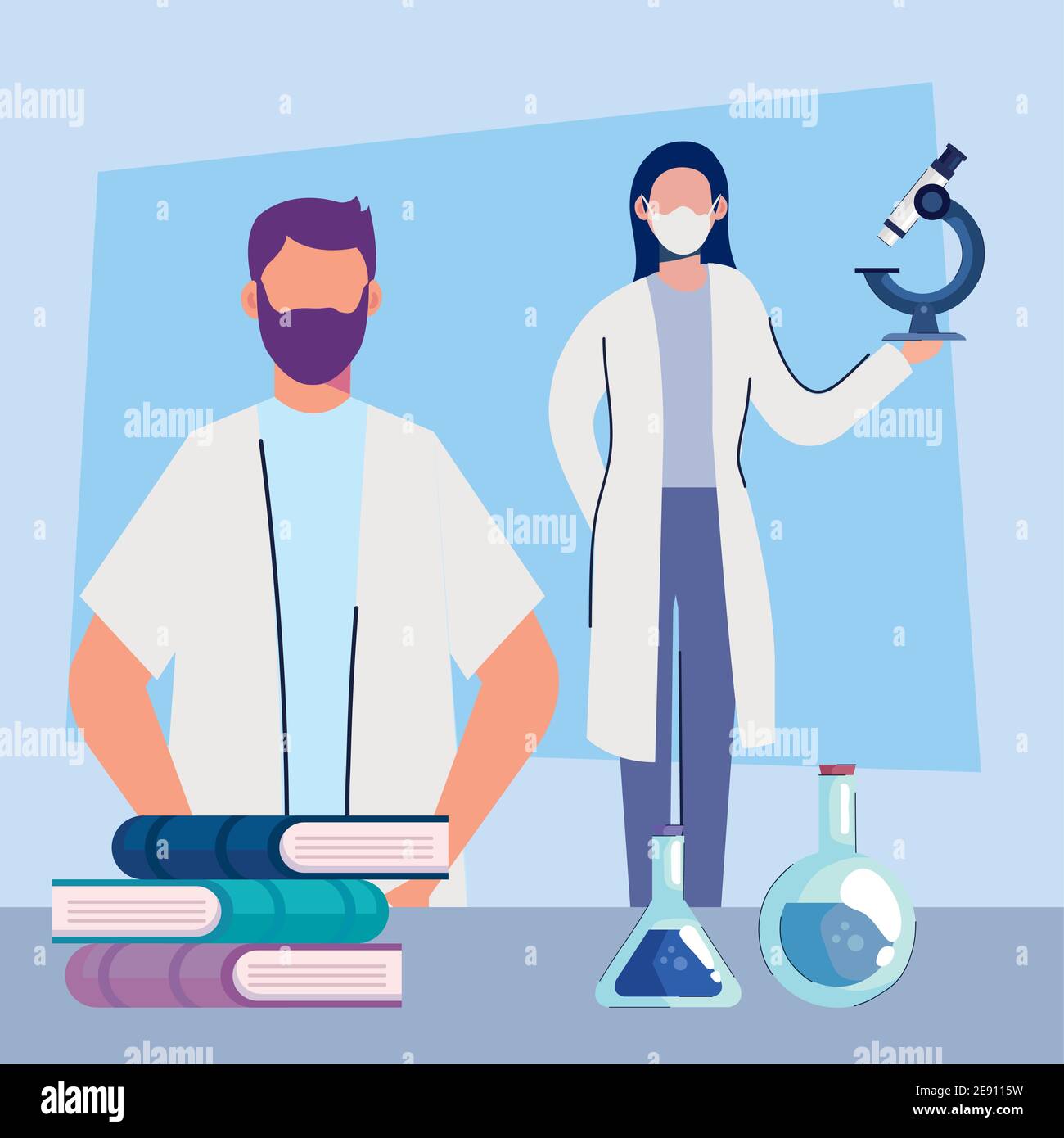 doctors couple wearing medical masks with books and laboratory icons ...