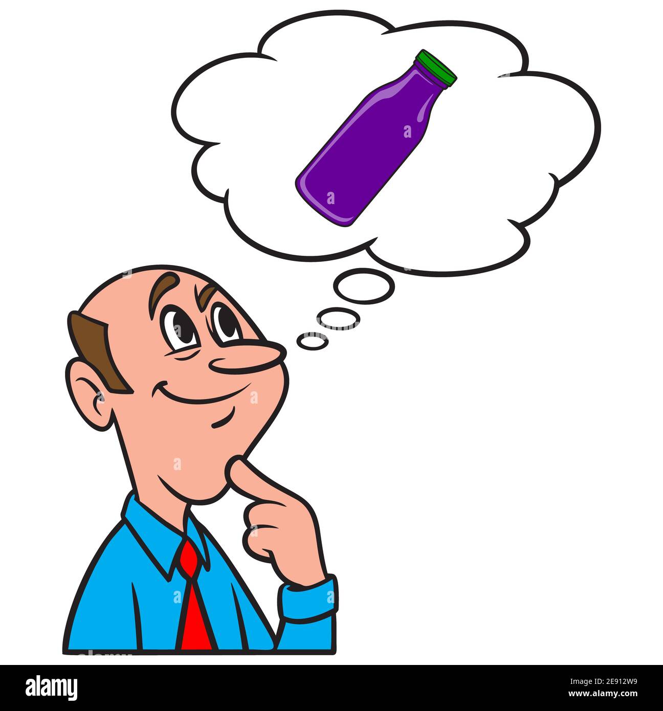 Thinking about a Grape Juice Bottle - A cartoon illustration of a man ...