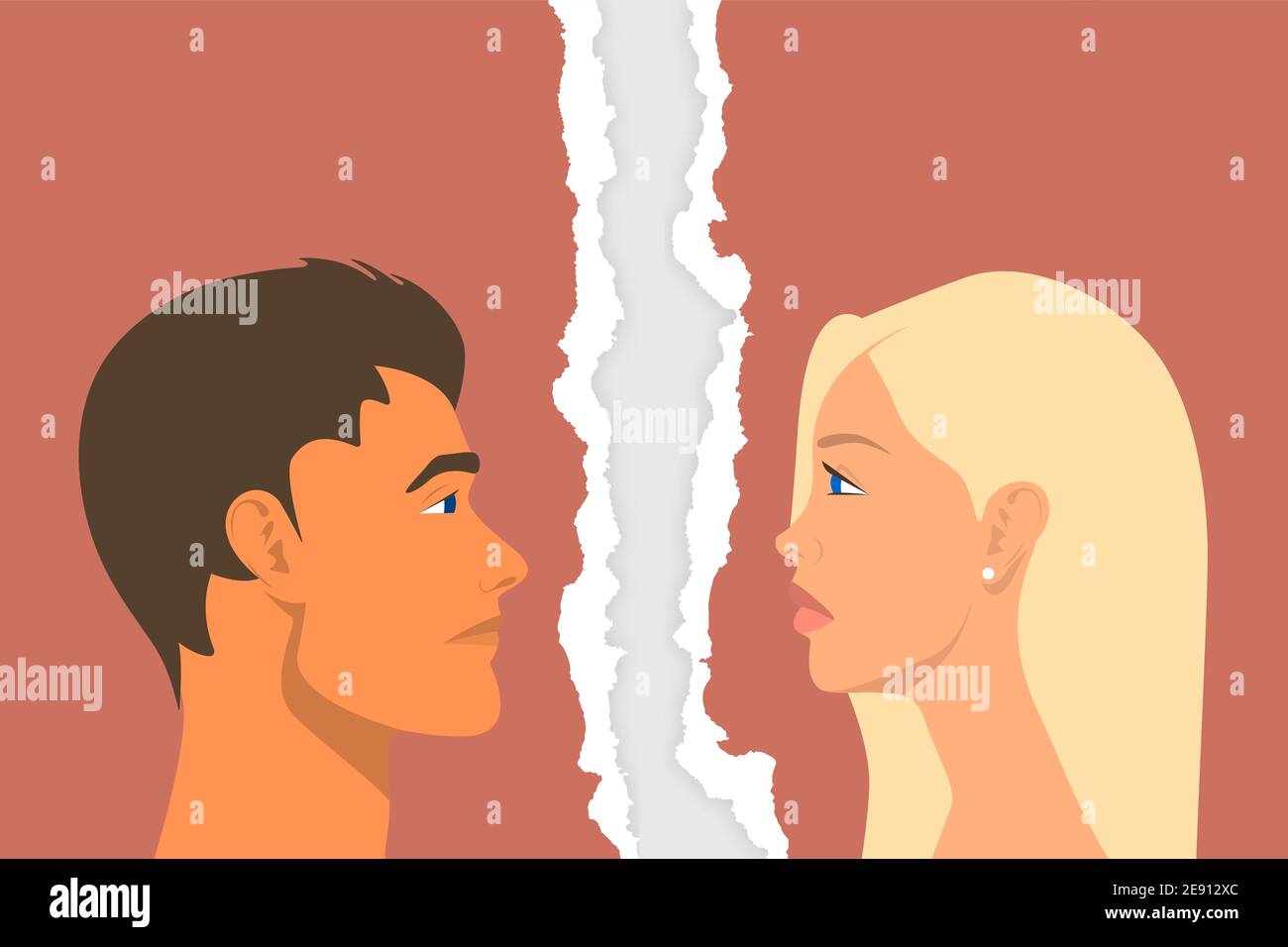 Divorce Couple Sad People Man And Woman Portrait Closeup On Torn