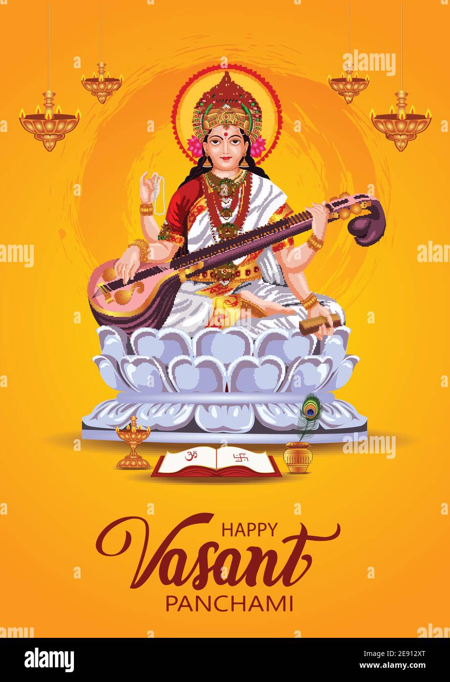 Sarasvati for happy Vasant Panchami Puja of India. vector illustration ...