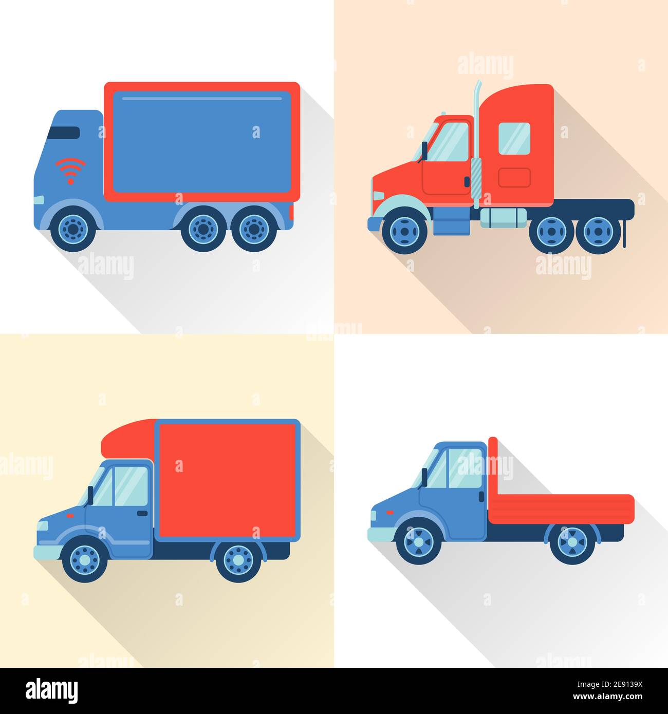 Set of truck icons in flat style with long shadow. Collection of cargo ...