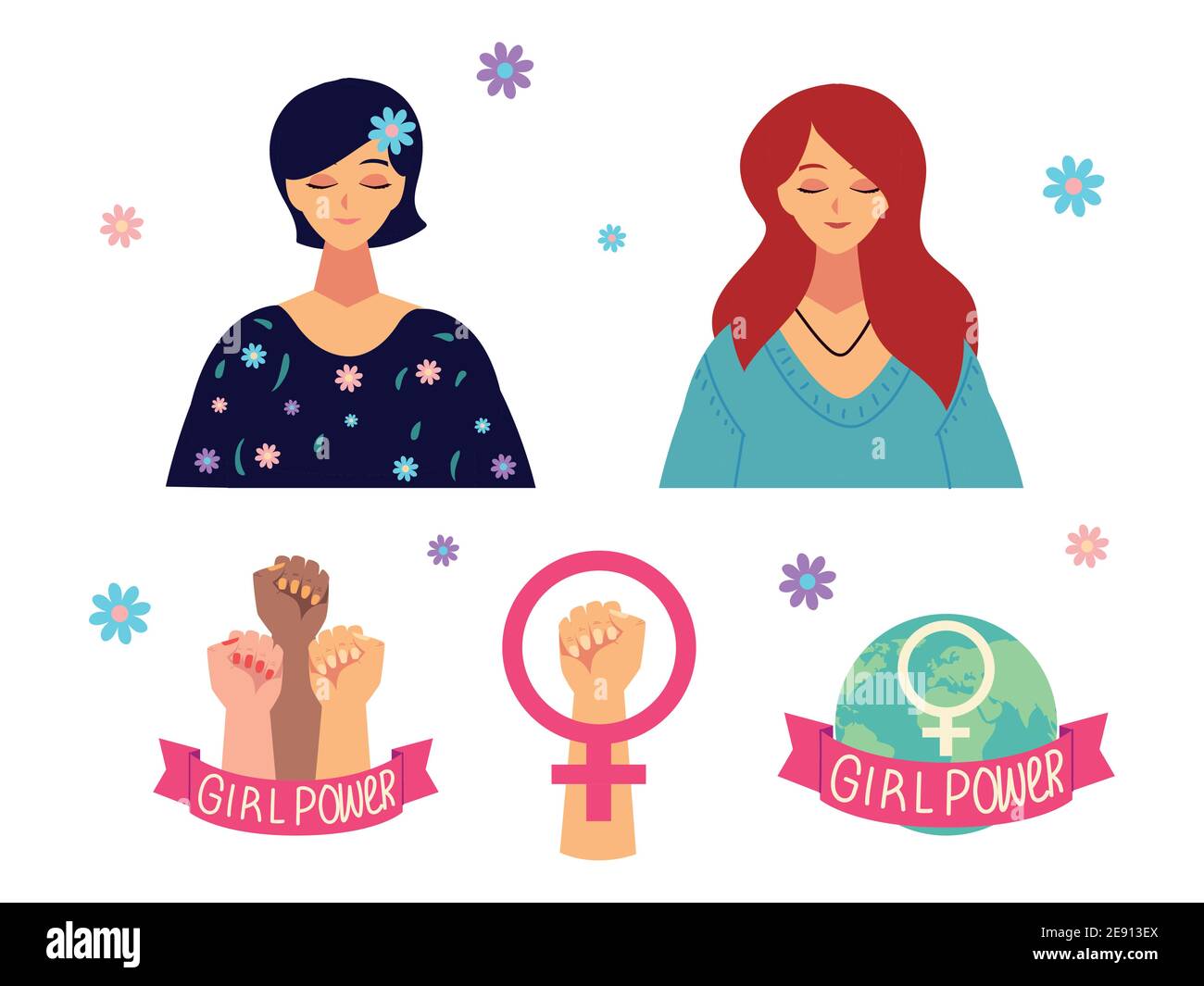 womens day, portrait character female cartoon gender and hands raised ...