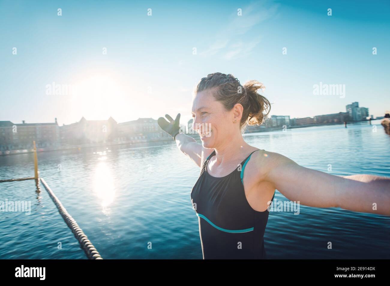 Cold water swim club at Kalvebod Brigge in Copenhagen. Swimming and ...