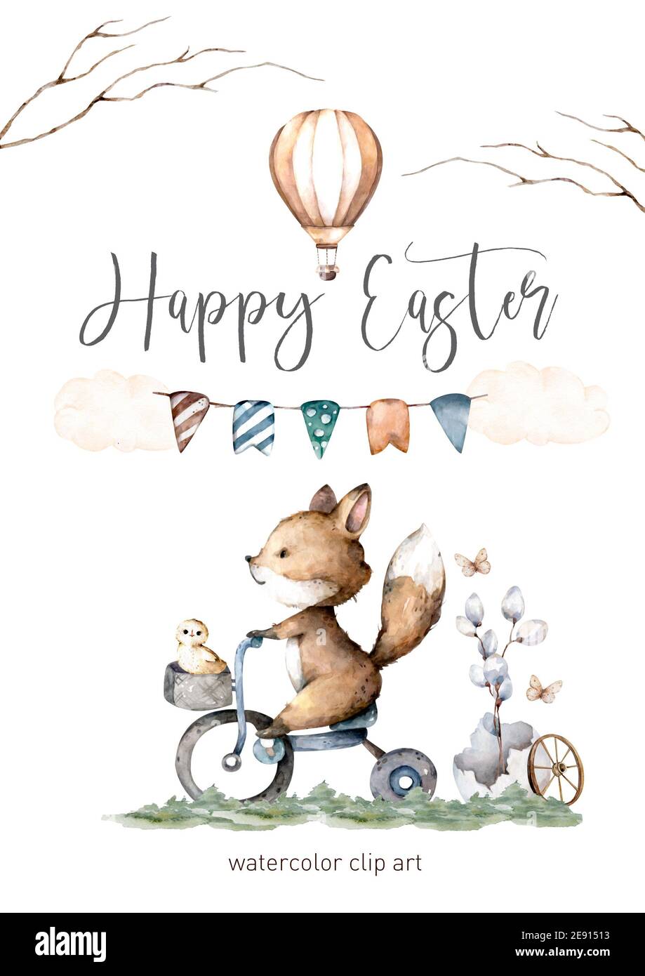 Happy Easter, white egg with cute fox, tail and stripes. Hand painting ...