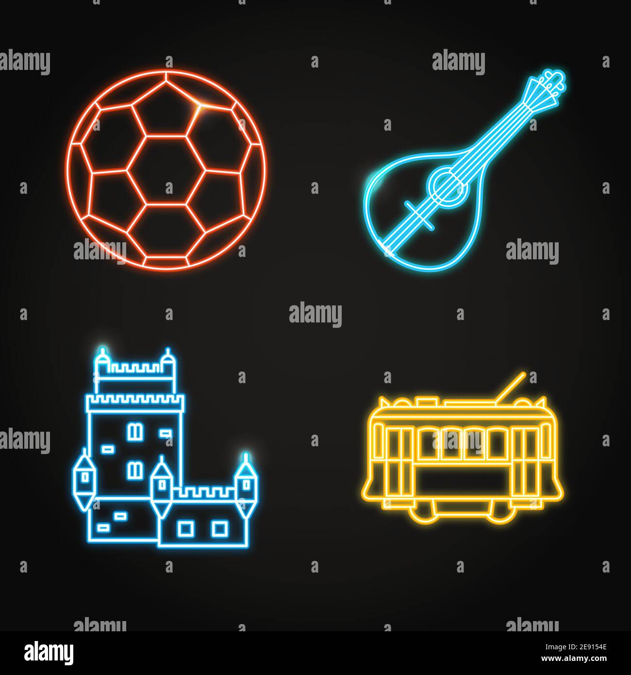 Portuguese culture icon set in glowing neon style. Vector illustration ...