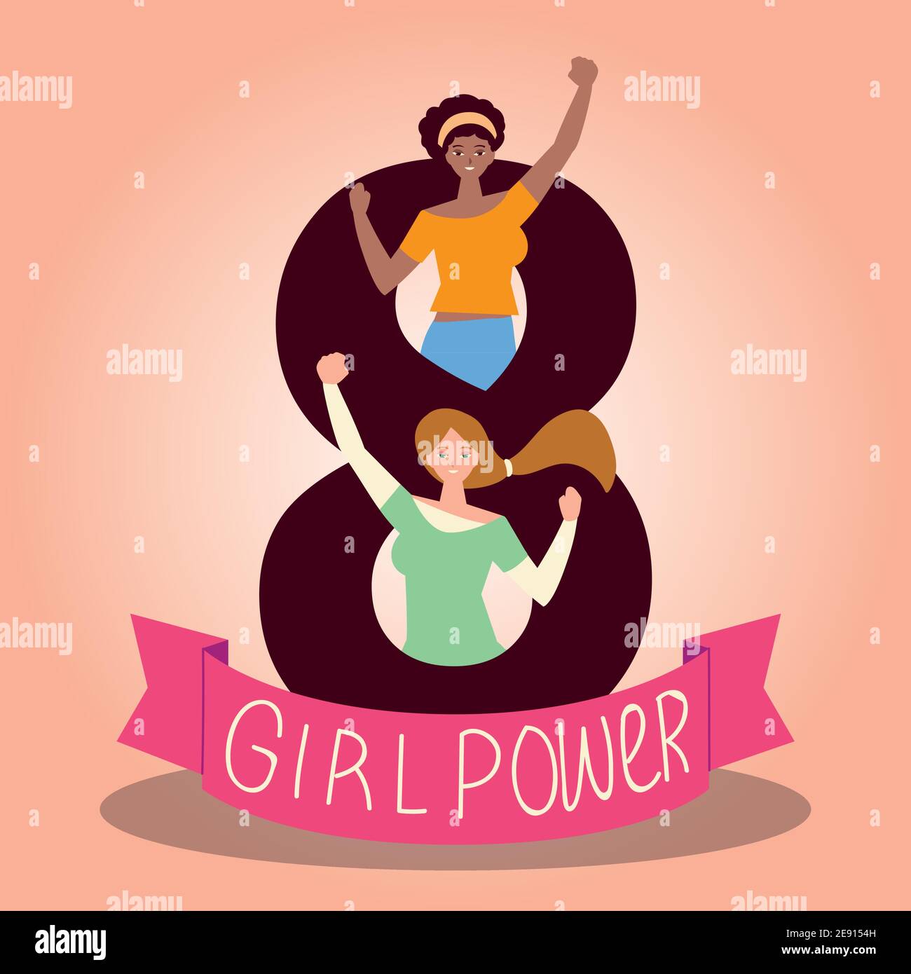 womens day, happy girls in 8 girl power celebration in cartoon style ...