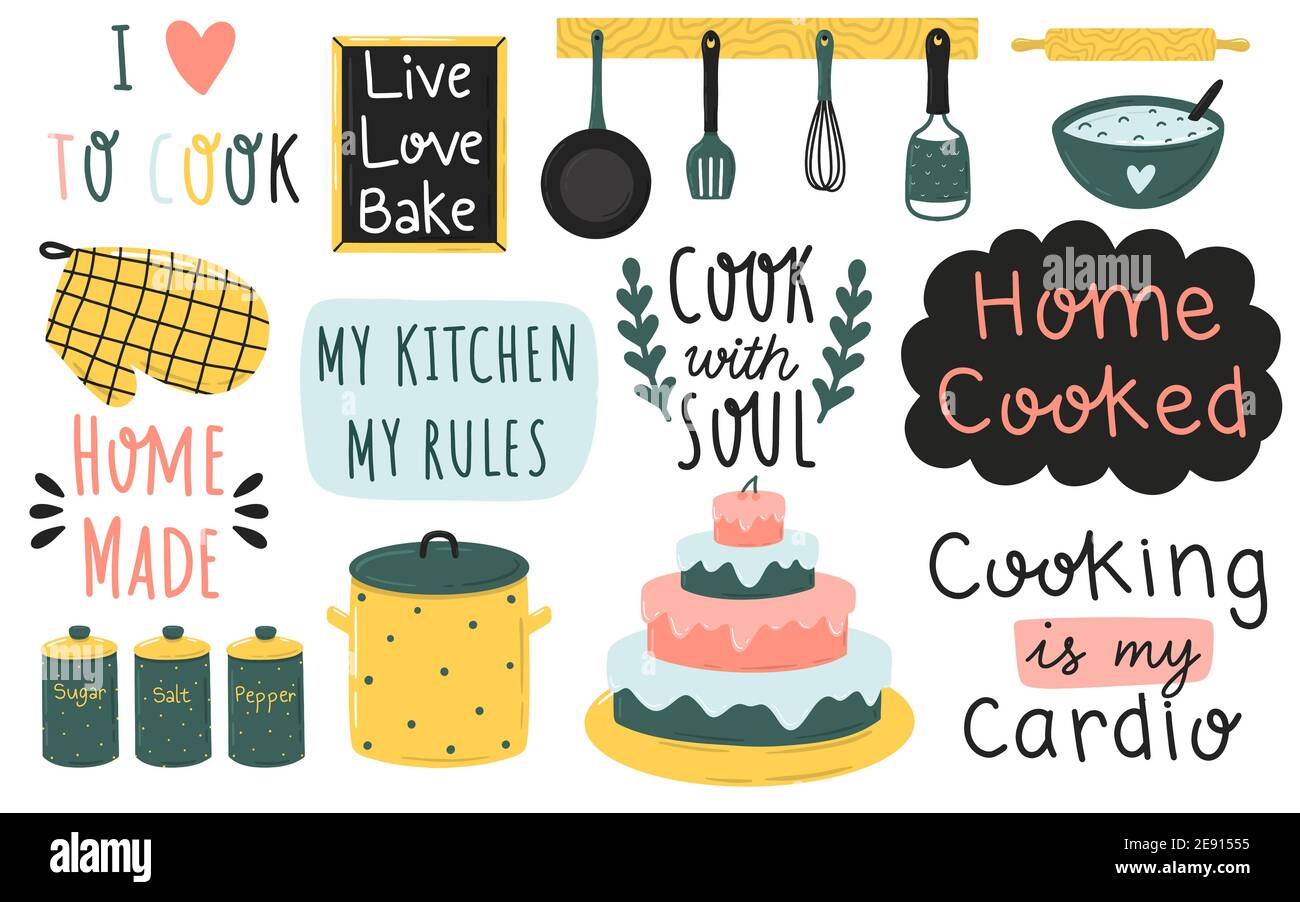 Collection of cooking related phrases and doodle drawings isolated on ...