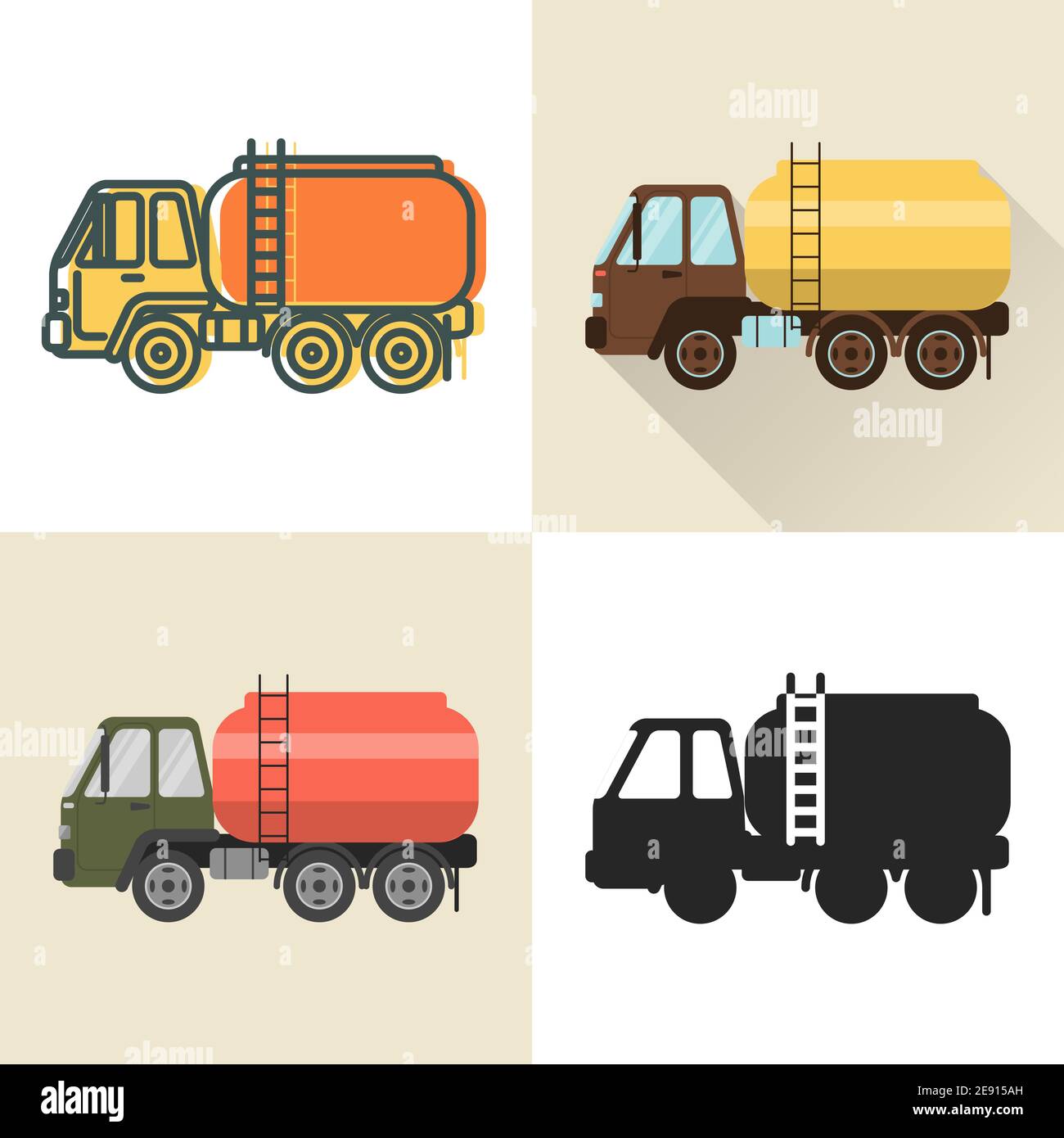 Tank truck icon set in flat and line styles. Tanker vehicle ...