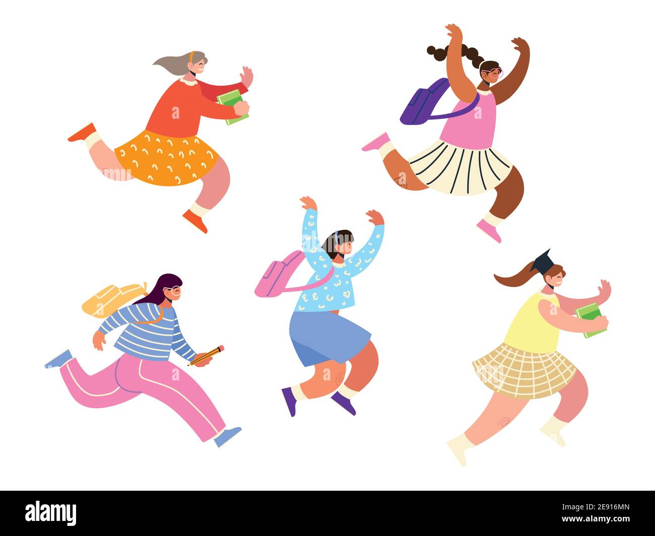 back to school girls students with a backpacks running vector ...