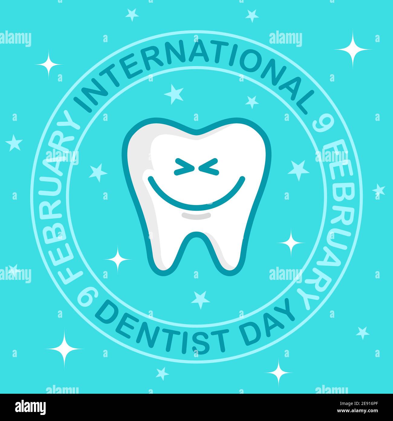 Square banner international day of the dentist. White tooth with a cute smile on a blue ...