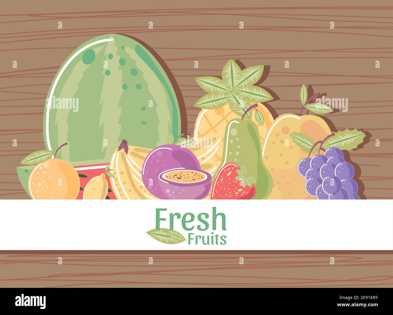 fresh fruits watermelon pineapple pear apple banana on wood background ...