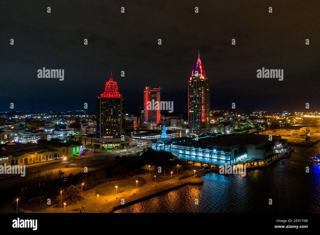 Downtown Mobile, Alabama riverside at night Stock Photo - Alamy
