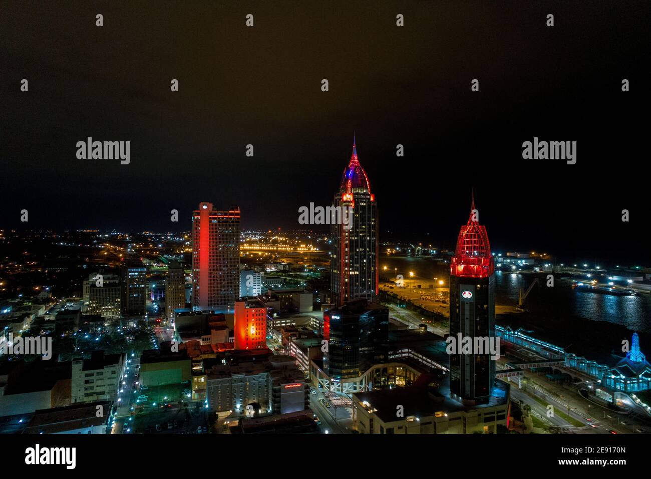 Downtown Mobile, Alabama riverside at night Stock Photo - Alamy