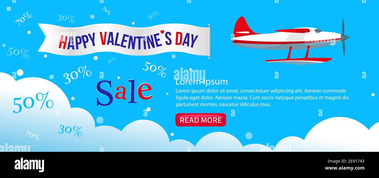 Web banner with a single engine airplane in the blue sky. Flying ad ...