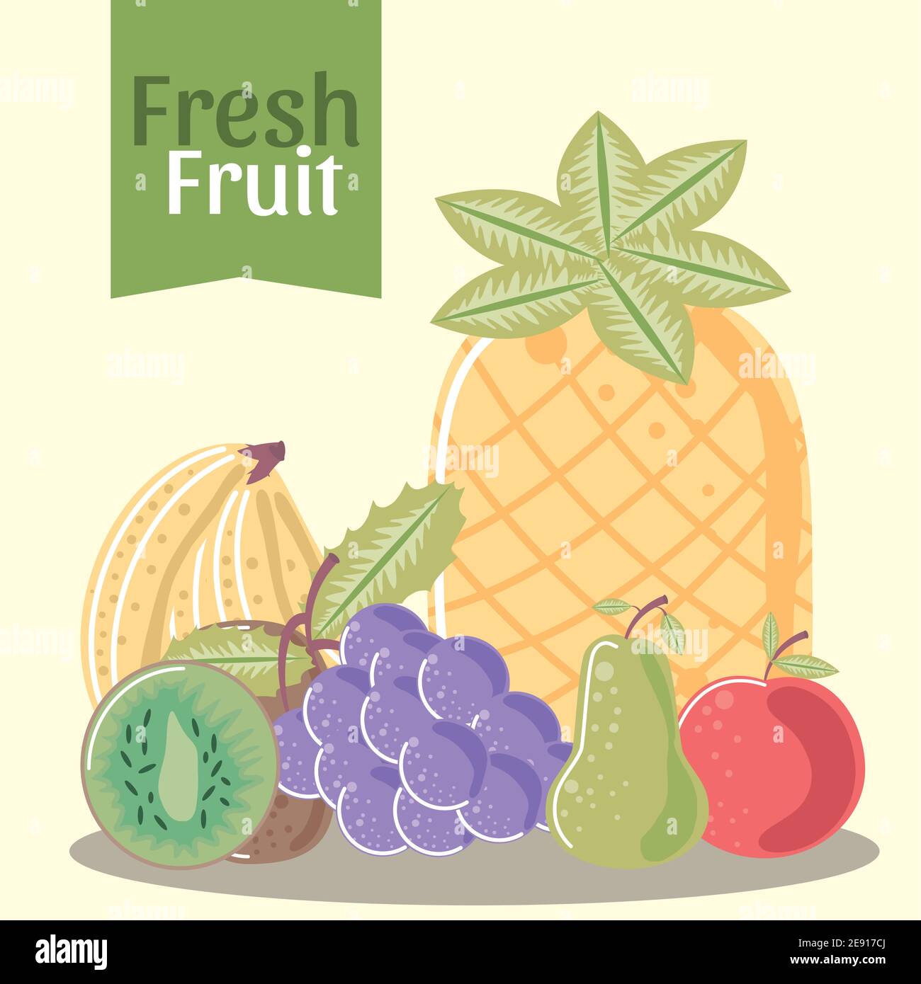 fruit, pineapple apple pear grapes banana and kiwi fresh vector ...