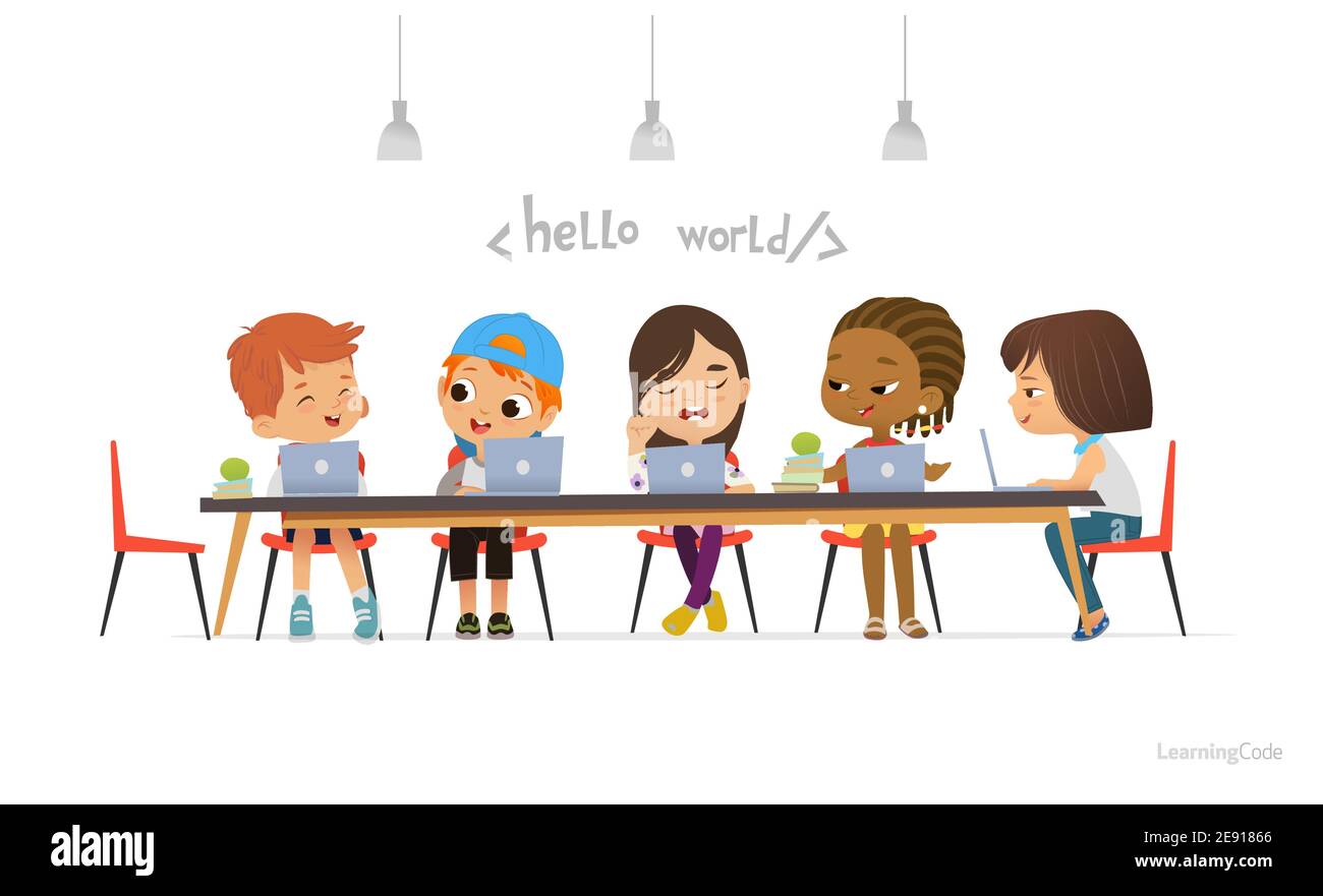 Happy children sitting at laptops and learning programming during ...