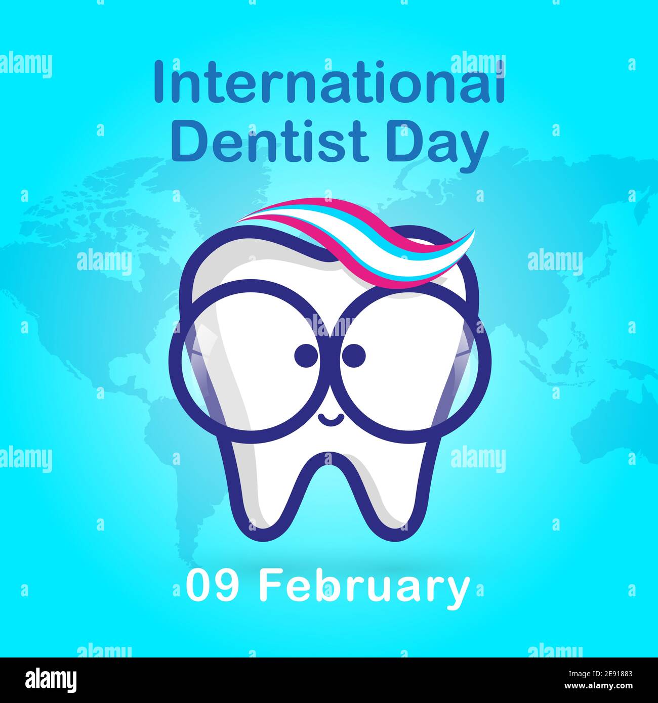 International Day of the Dentist. White tooth in glasses with a cute smile and colored bangs ...