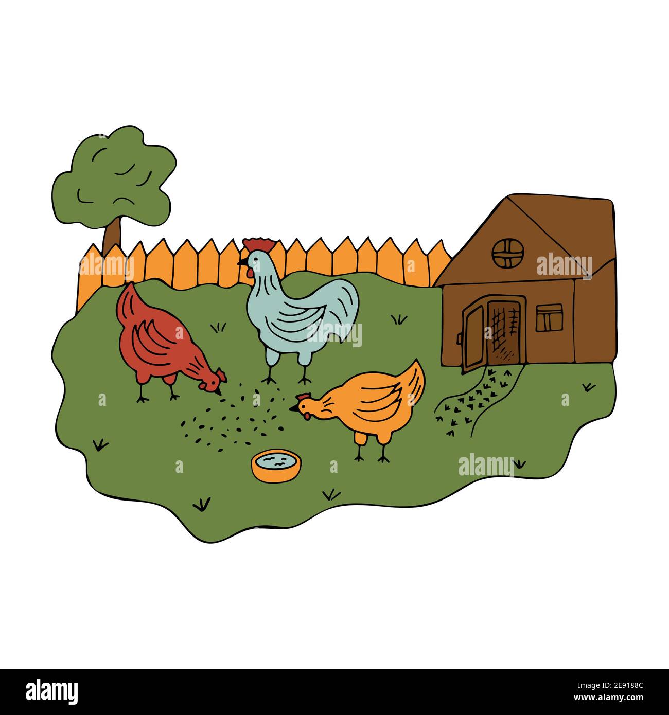 Courtyard in the village with walking hens and a cock. Colorful vector ...