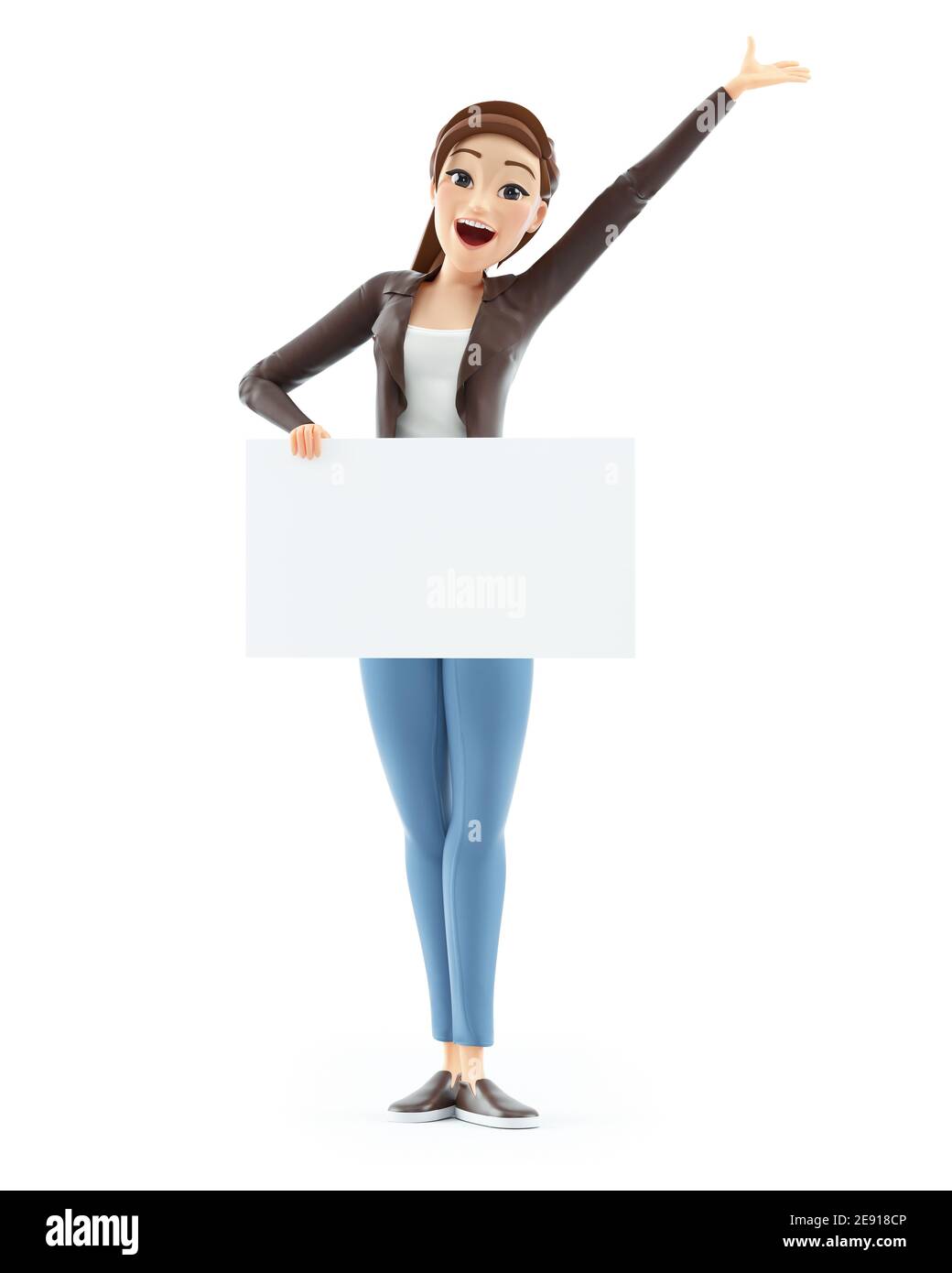 3d happy cartoon woman holding placard, illustration isolated on white ...