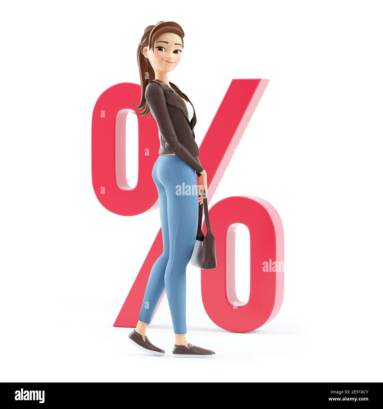 3d cartoon woman in front of percent sign, illustration isolated on ...
