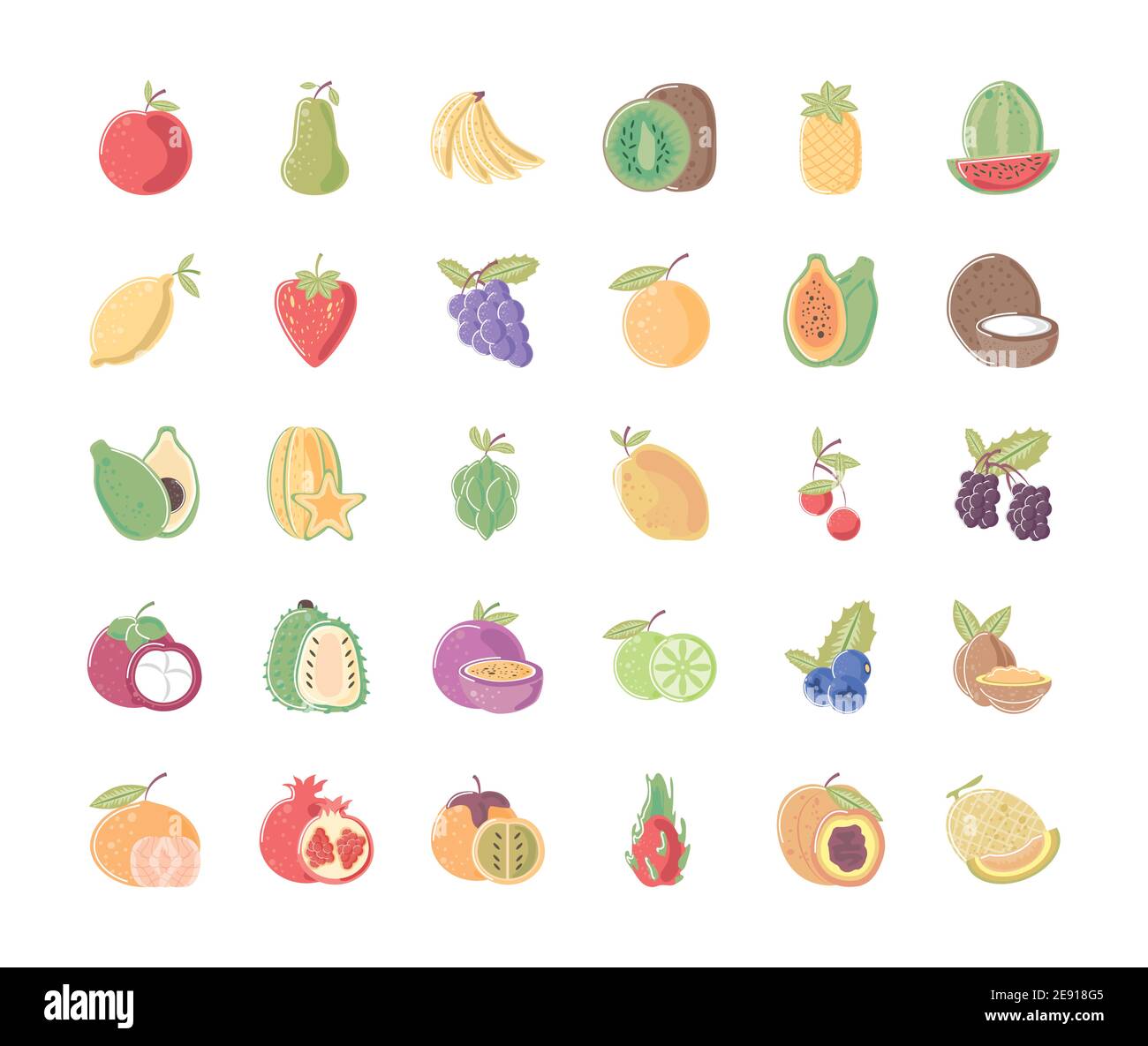 fruits fresh food nutrition icons collection include apple pear orange ...