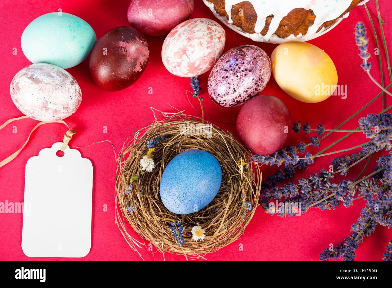 Colorful background with Easter eggs on red background. Happy Easter ...