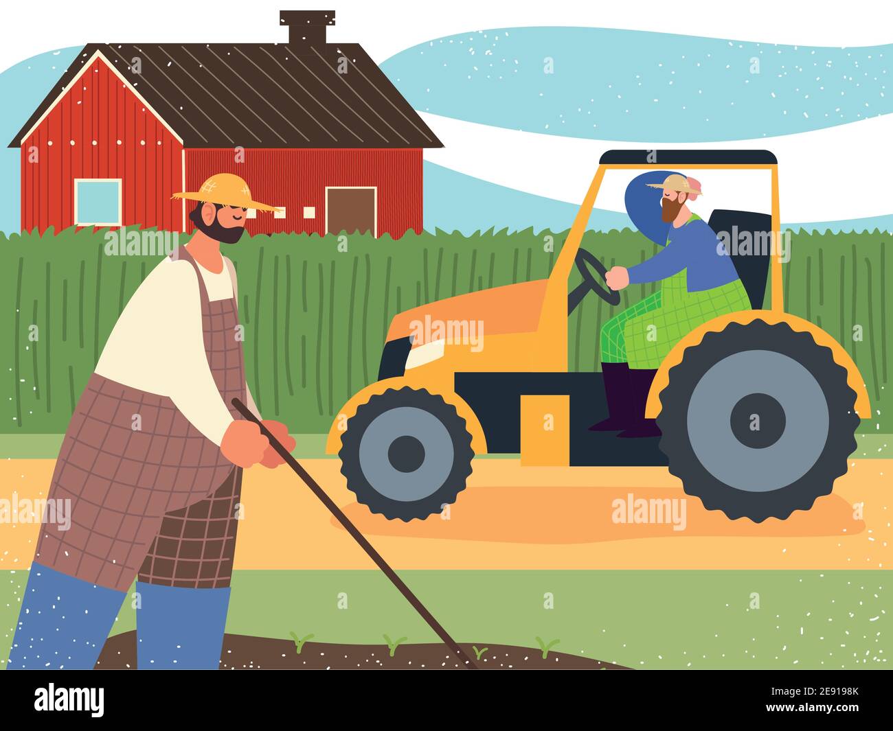 farm and agriculture farmer worker in tractor and planting vector ...