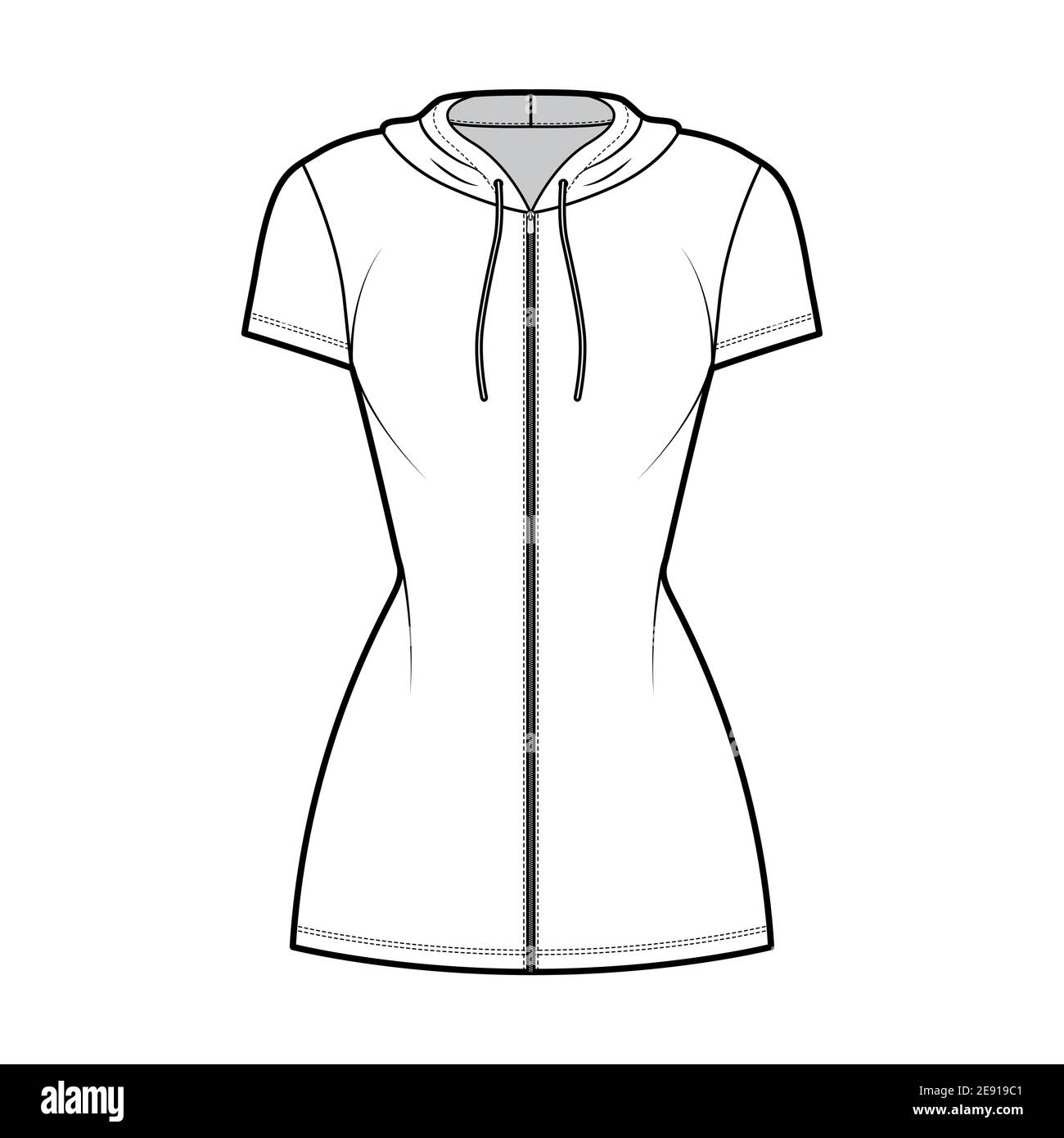 Hoodie zip-up dress technical fashion illustration with short sleeves ...