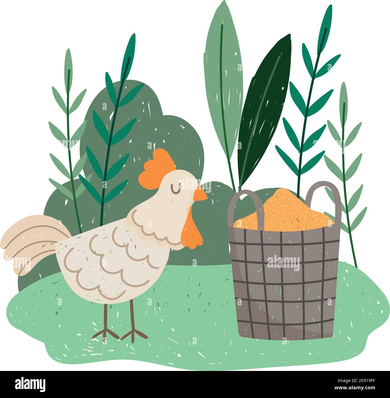 cute chicken eating grains in basket cartoon vector illustration Stock ...