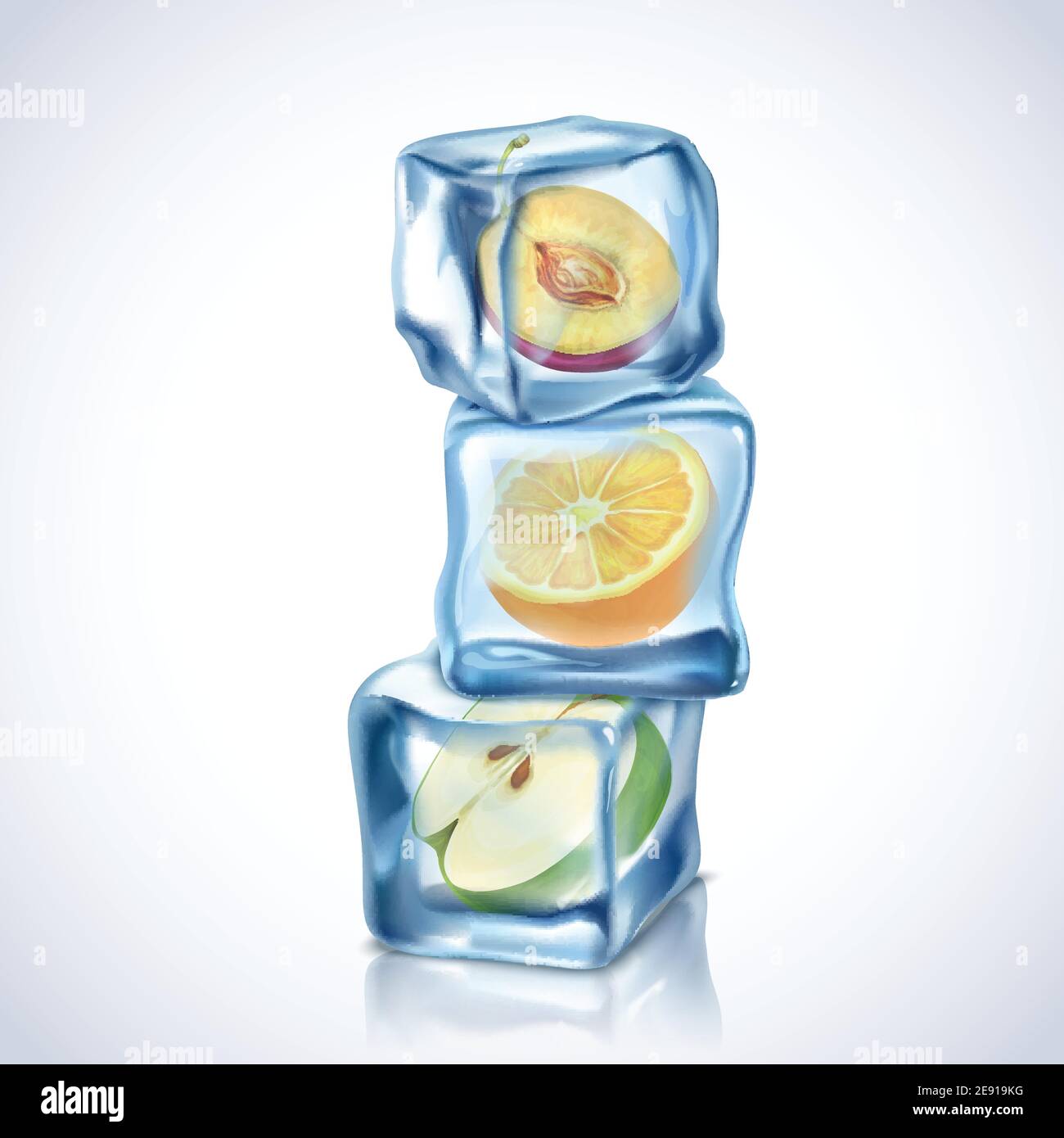 Realistic ice cubes with fruits inside on white background vector ...