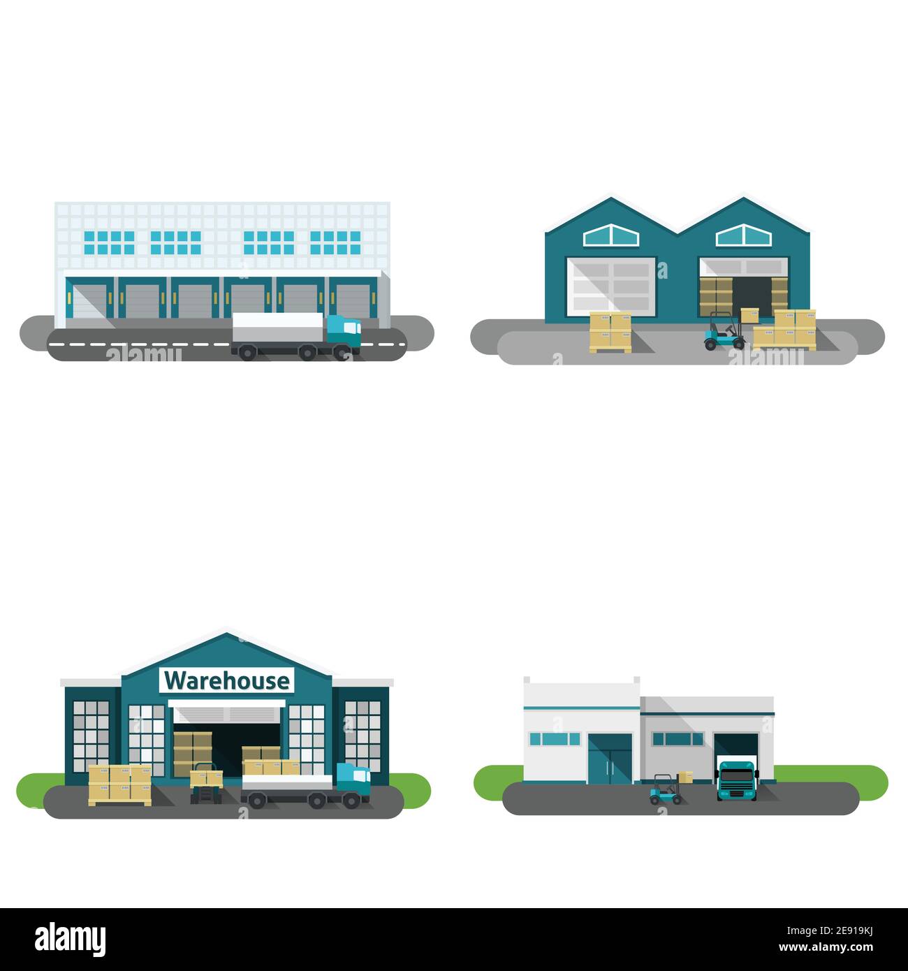 Warehouse building flat icons set with transportation vehicles isolated ...