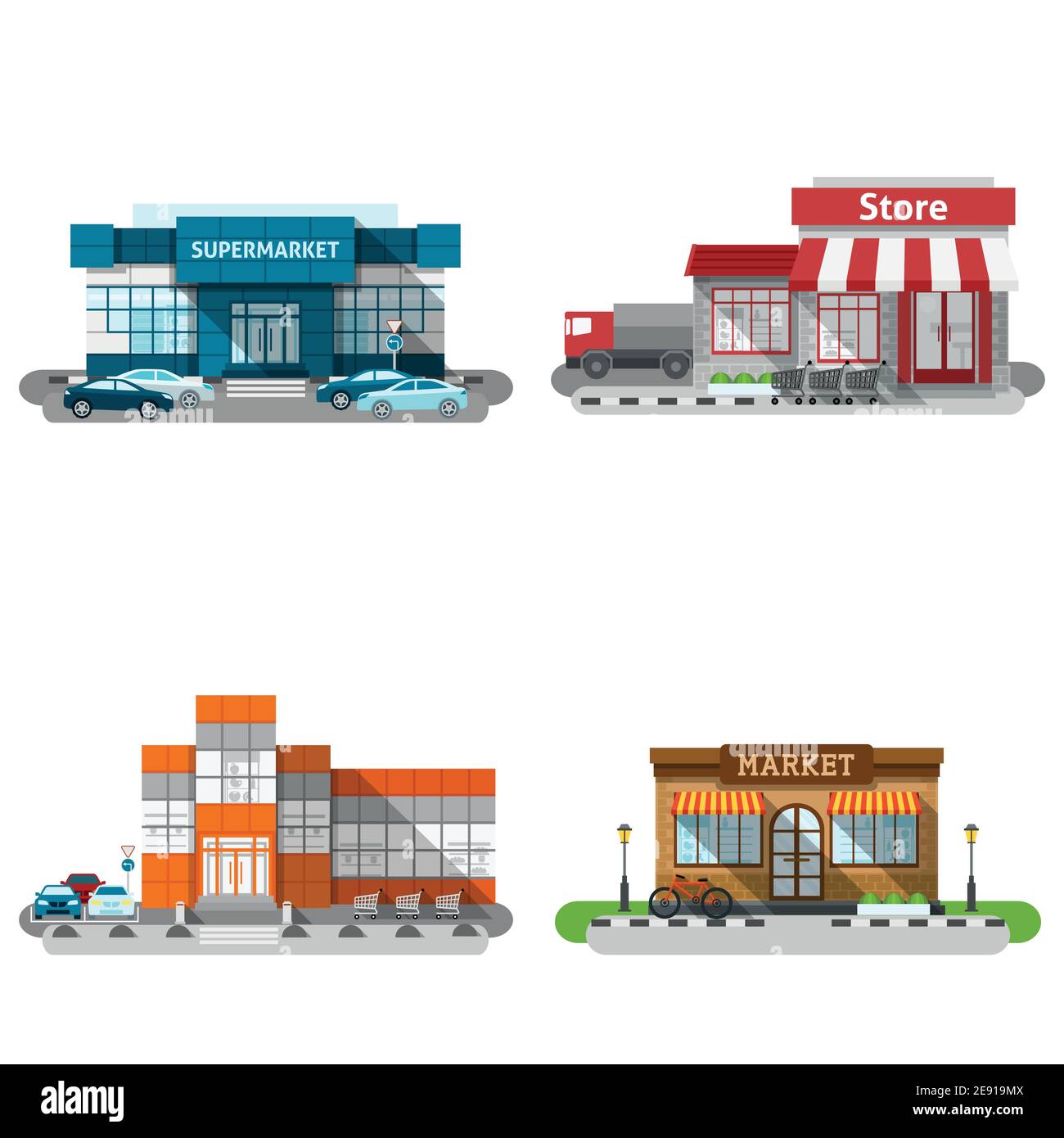 Shops stores and supermarket buildings flat decorative icons set ...