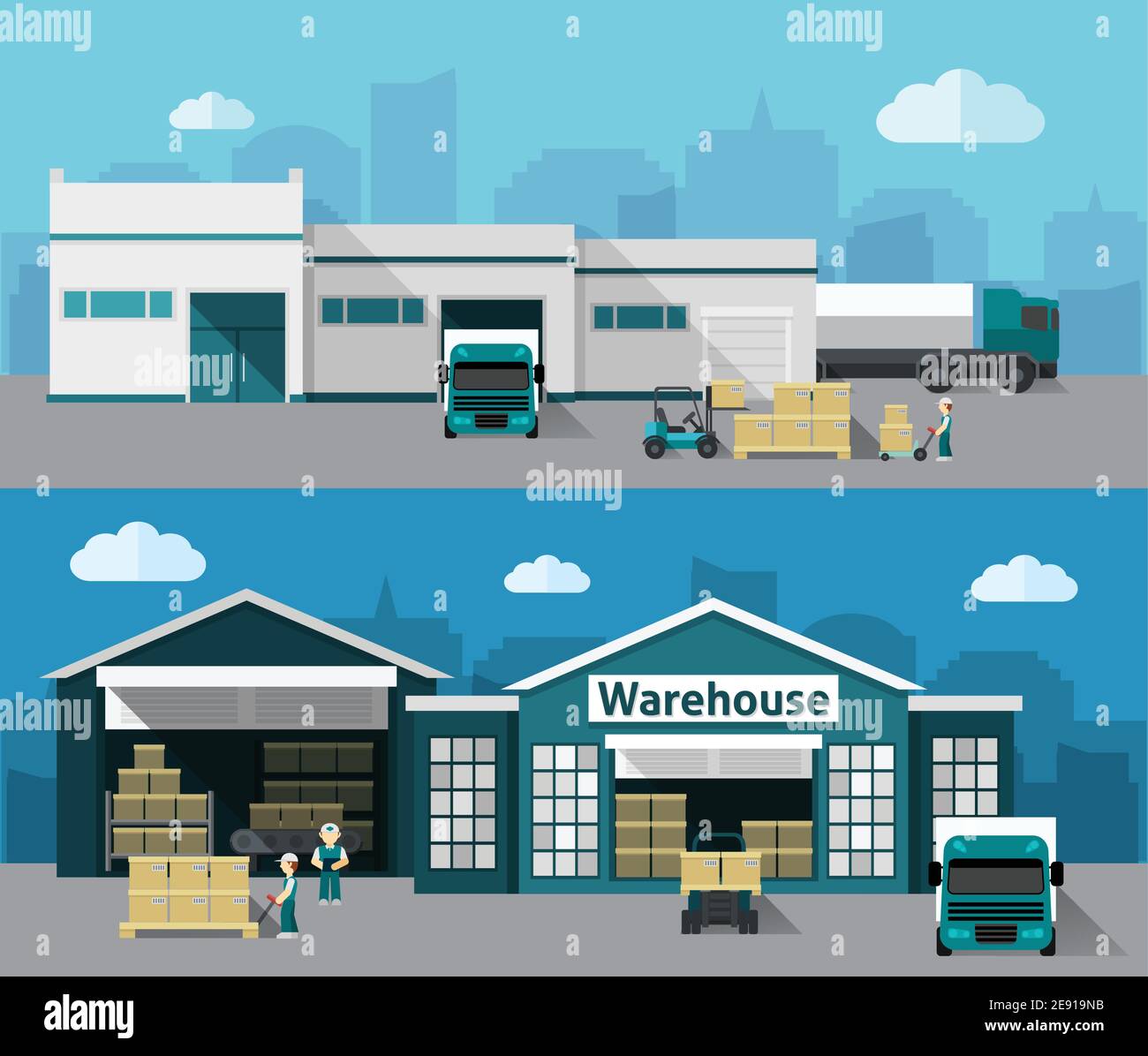 Warehouse building and shipping process flat horizontal banner set ...