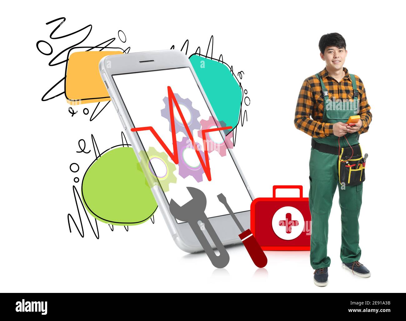 Repair technician with modern mobile phone on white background Stock ...
