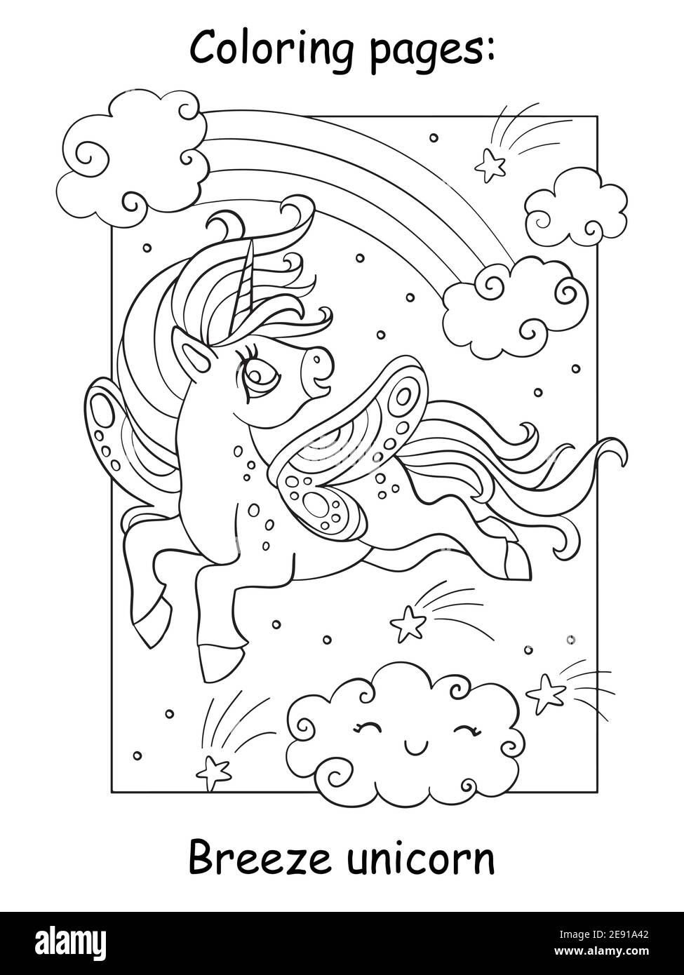 Cute unicorn with wings flying in the sky. Coloring book page for ...