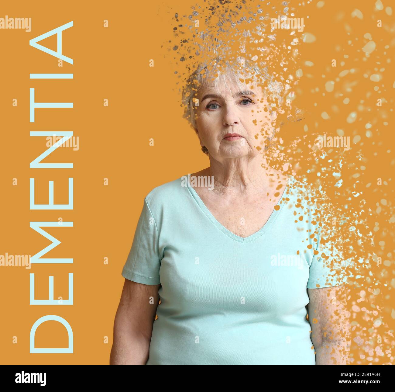 Elderly woman suffering from mental disability on color background ...