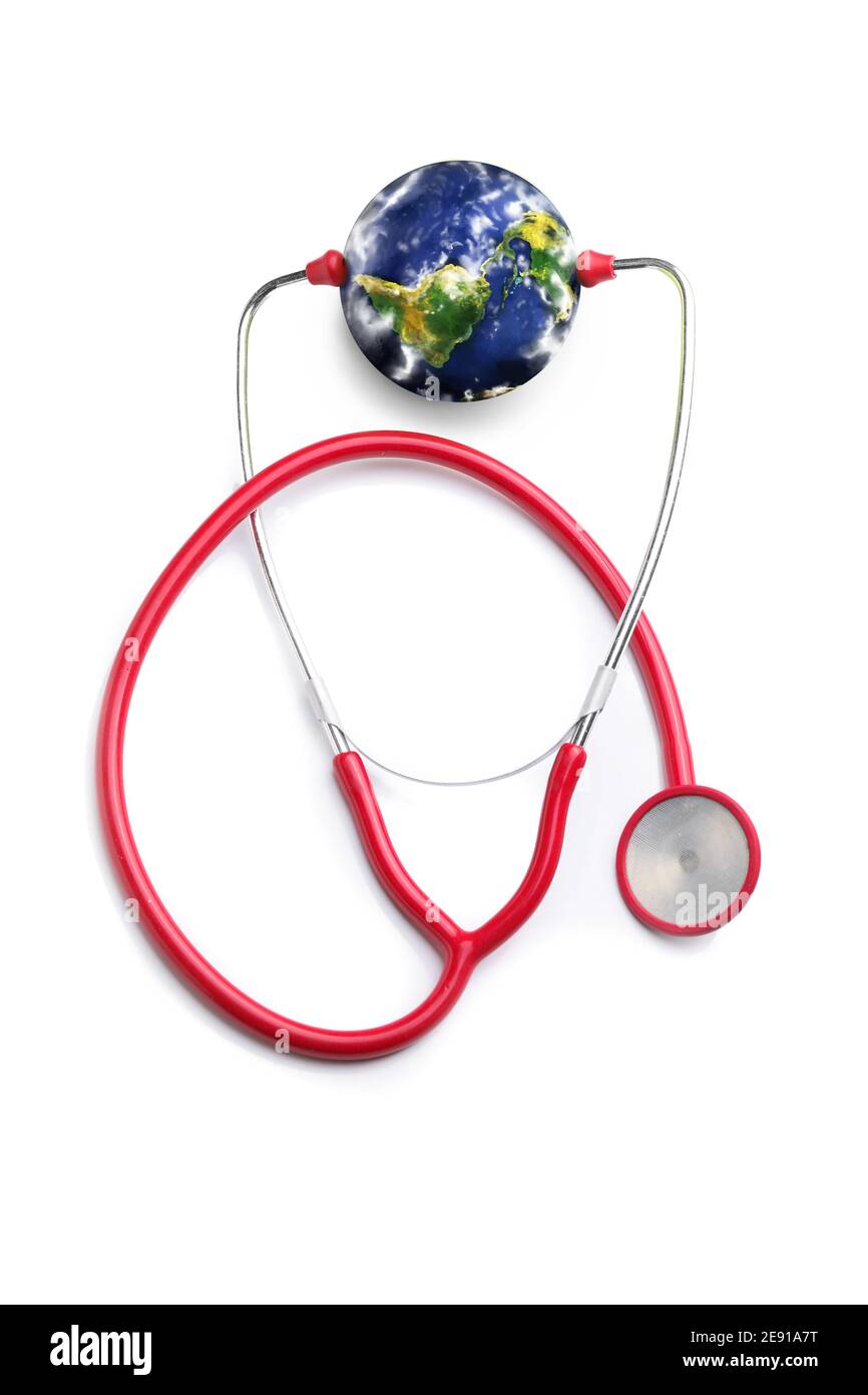 Stethoscope and model of Earth on white background. Ecology concept ...