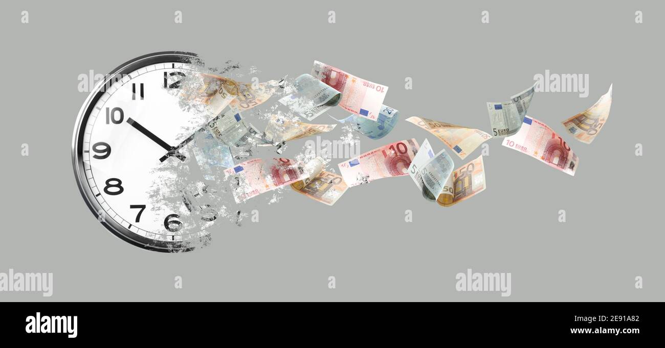 Crumbling clock with flying euro banknotes on grey background Stock ...